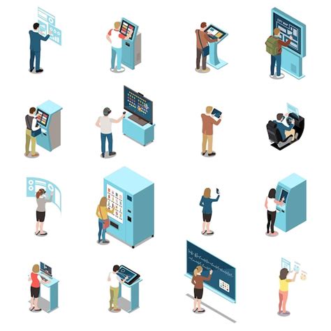 Free Vector People Using Touch Screen Interfaces Vending Machine