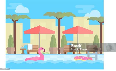 호텔 리조트 일러스트 푸른 물 일광욕 용 라운저 테이블 해변 우산 및 야자수가있는 야외 수영장 수영장 스포츠 경기장에 대한 스톡 벡터 아트 및 기타 이미지 Istock