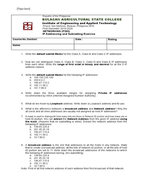 Subnetting Exercise Pdf Ip Address Internet Protocols