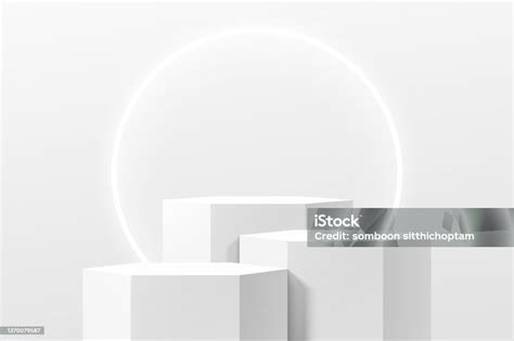 사실적인 흰색과 회색 3d 육각형 스탠드 또는 비디포 세트에 조명 원 링 네온 램프 제품 무대 쇼케이스 프로모션 디스플레이에