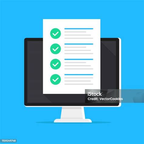 컴퓨터 화면에 온라인 설문 조사 양식 퀴즈 체크리스트 벡터 그림입니다 플랫 디자인 설문지 온라인 양식 개념 0명에 대한 스톡
