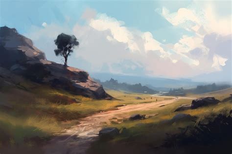 Premium AI Image A Landscape With A Road That Has A Tree On It