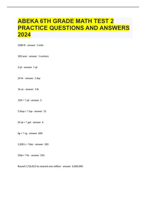 Abeka 6th Grade Math Test 2 Practice Questions And Answers 2024 Abeka