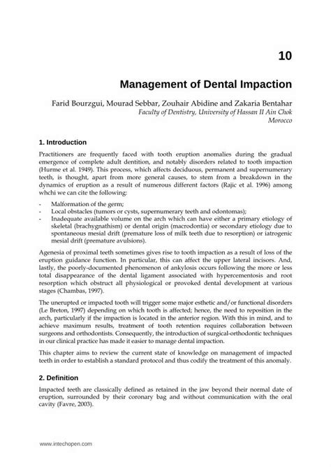 Pdf Management Of Dental Impaction Intech 31380intech