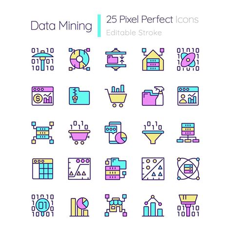 Data Mining Rgb Color Pixel Perfect Icons Set Knowledge Discovering In Data Isolated Vector