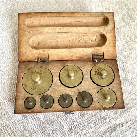 Antique Brass Weight Set In Wooden Box Early 1900s Eight Graduated