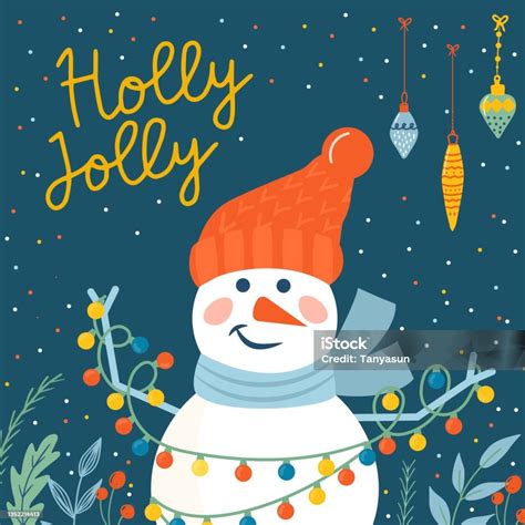 눈사람과 아늑한 크리스마스 장식의 인사말 카드 바블 선물 양말 전나무 나무의 엽서 어린이 일러스트레이션 스크랩북 트렌디 한 벡터 0명에 대한 스톡 벡터 아트 및 기타 이미지