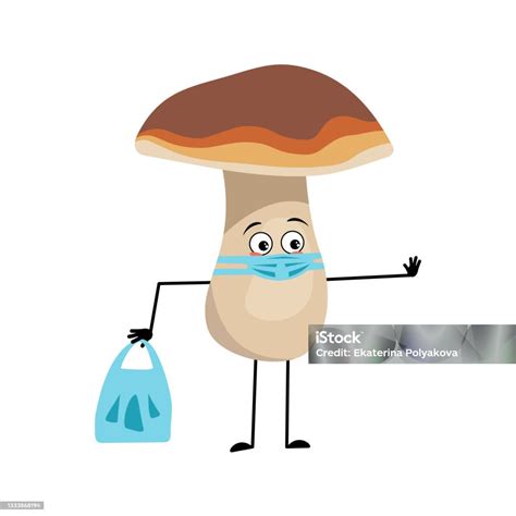 슬픈 감정 얼굴 마스크가 있는 귀여운 버섯 캐릭터가 거리를 유지합니다 가공의 인물에 대한 스톡 벡터 아트 및 기타 이미지