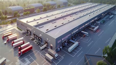 Large Industrial Distribution Warehouse During Dawn With Loading Docks