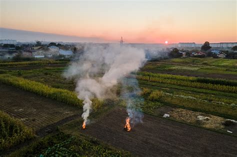 건조한 잔디와 짚 수염에서 농업 폐기물 모닥불의 공중 보기 지구 온난화와 발암 물질을 일으키는 농지에서 건조한 계절 동안 두꺼운 연기 오염 공기로 굽기 건조한에 대한 스톡