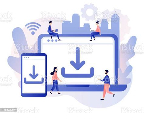 다운로드 개념입니다 설치 기호 작은 사람들은 스마트 폰과 노트북에서 데이터 파일을 다운로드합니다 로드 기호 현대 평면 만화 스타일입니다 흰색 배경에 벡터 그림 개념에 대한