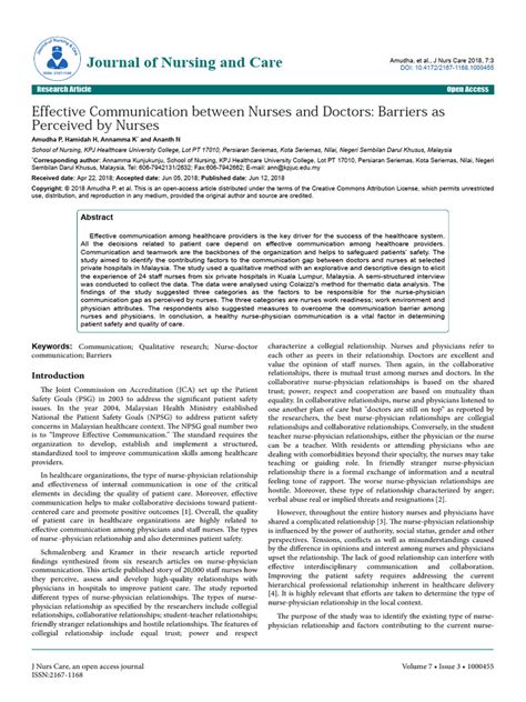 Effective Communication Between Nurses And Doctors Barriers Asperceived