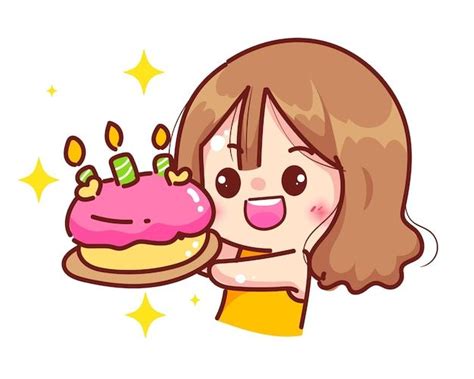 Cute Girl Holding Cake Bakery Restaurant Logo Concept Cartoon Character Hand Draw Art