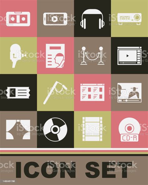 Cd 또는 Dvd 디스크 온라인 재생 비디오 헤드폰 시네마 포스터 레트로 시네마 카메라 Vhs 카세트 테이프 및 로프 배리어 아이콘을 설정합니다 벡터 0명에 대한 스톡 벡터