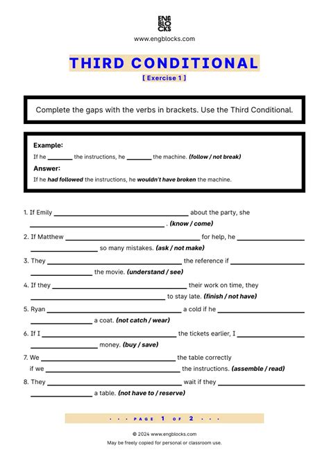 third conditional — exercise 1 esl worksheets
