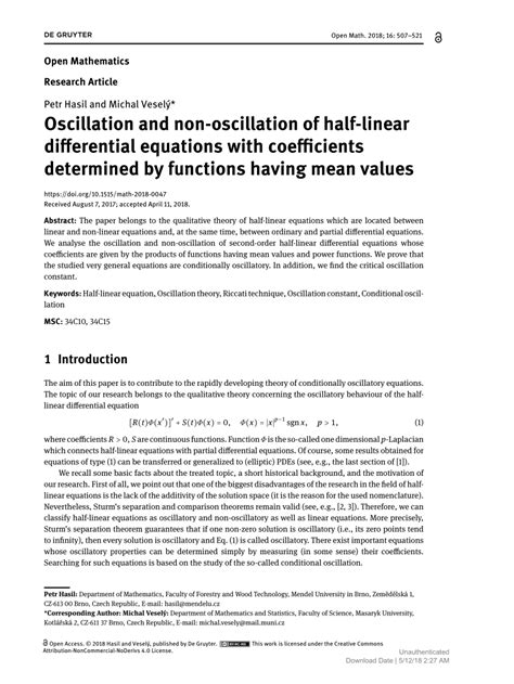 Pdf Oscillation And Non Oscillation Of Half Linear Differential Equations With Coeffcients