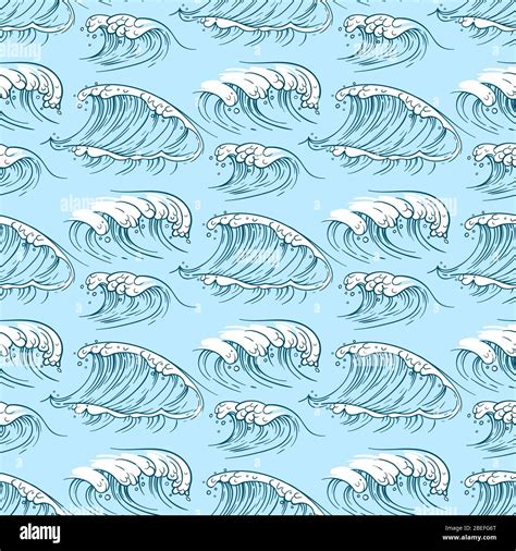 Hand Drawn Ocean Waves Seamless Pattern Background Flat Vector Illustration Stock Vector Image