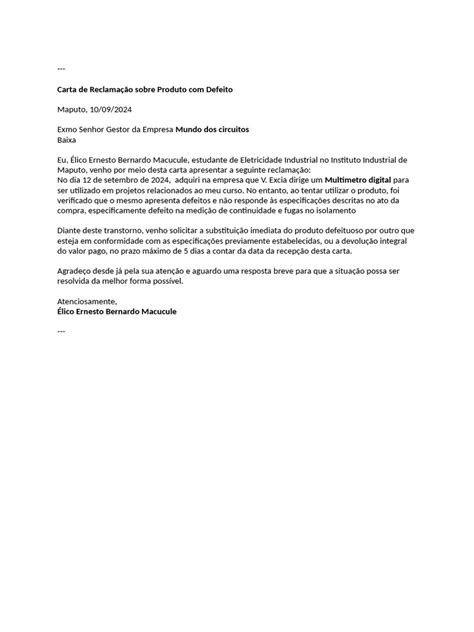 Carta De Reclamação Pdf