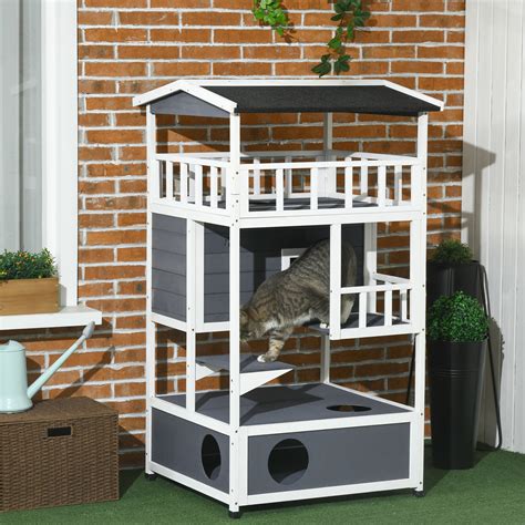 Hokku Designs Grey Wooden Outdoor Cat Den Shelter With Asphalt Roof Escape Doors Jumping