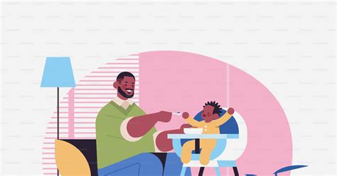 아프리카계 미국인 아버지는 어린 아들을 먹는 아이들에게 의자를 먹인다 아버지 육아 개념 아빠는 집에서 아기와 함께 시간을 보내는 수평 전체 길이 벡터 일러스트레이션 사진