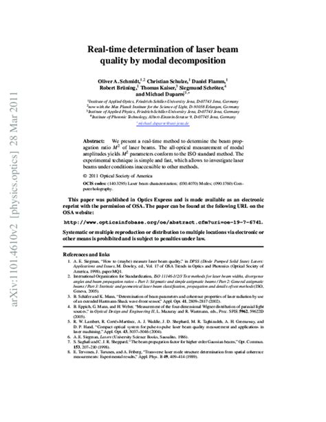 Pdf Real Time Determination Of Laser Beam Quality By Modal Decomposition