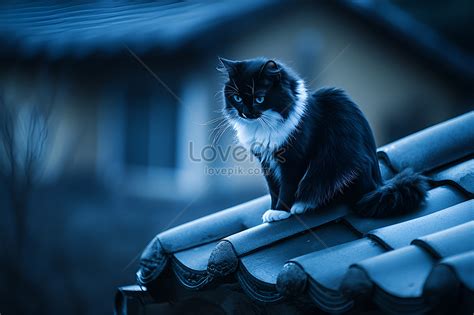 지붕 위의 흑백 고양이 사진 무료 다운로드 Lovepik