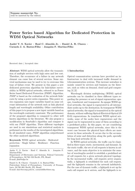 Pdf Power Series Based Algorithm For Dedicated Protection In Wdm Optical Networks
