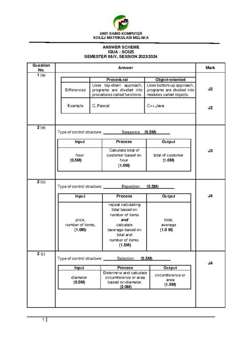 Answer Scheme Kmm Sc025 20232024 Kolej Matrikulasi Melaka Answer Scheme Iqua Sc Semester