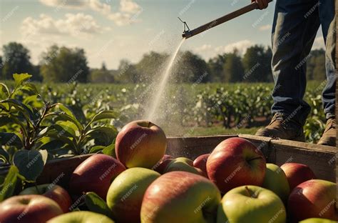 Premium Photo A Farmer Spraying Apples With Pesticide