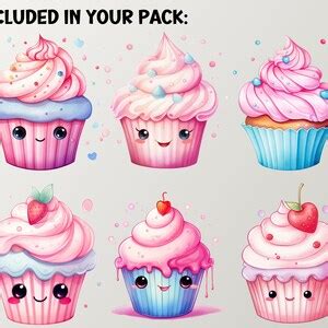 Cute Kawaii Cupcakes Watercolor Clipart Craft Sublimation Decorations