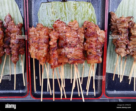 An Arrangement Of Grilled Pork Satay Or Moo Ping In Thailand Moo Ping