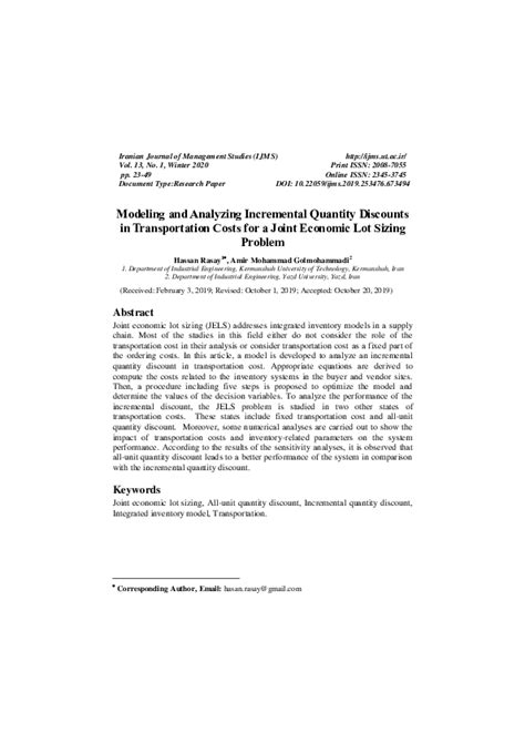 Pdf Modeling And Analyzing Incremental Quantity Discounts In Transportation Costs For A Joint