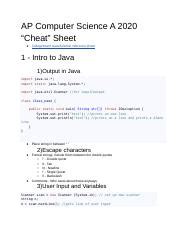 AP Computer Science A Notes Docx AP Computer Science A Cheat Sheet Collegeboard Class