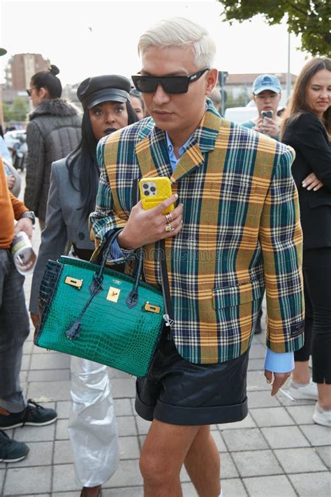 Bryan Boy With Green Hermes Leather Bag Before Tods Fashion Show Milan