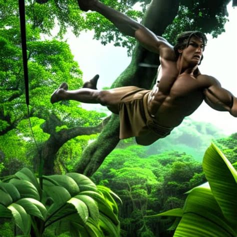 Accurately Detailed Photorealistic Tarzan Swinging From A Vine In The