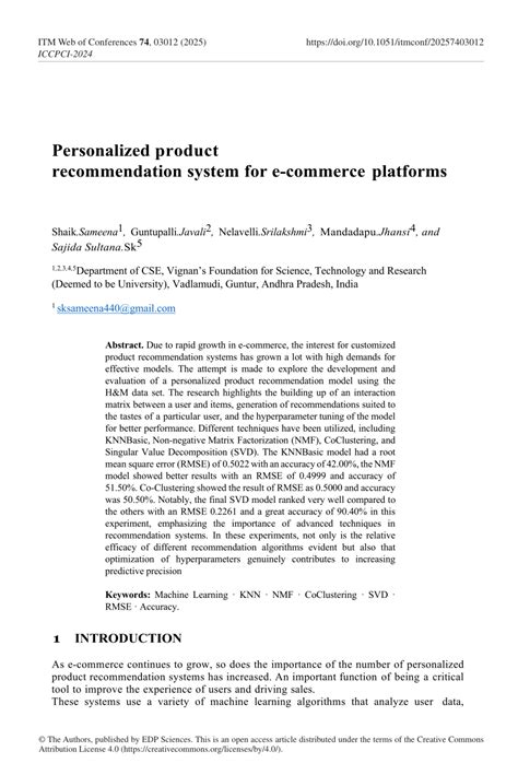(PDF) Personalized product recommendation system for e-commerce platforms