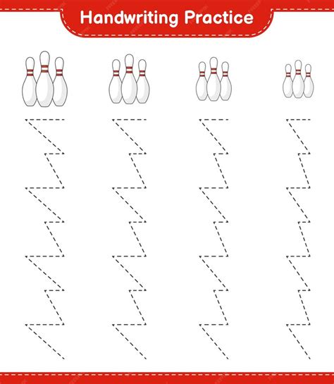 손글씨 연습 볼링 핀의 트레이싱 라인 교육 어린이 게임 인쇄용 워크시트 벡터 일러스트 레이 션 프리미엄 벡터