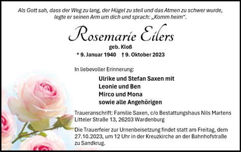 Traueranzeigen Von Rosemarie Eilers Nordwest Trauer De