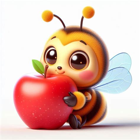 Cute Honey Bee Eating Apple Cartoon 3d Premium Ai Generated Image