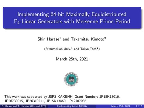 Implementing 64 Bit Maximally Equidistributed F2 Linear Generators With Mersenne Prime Period Ppt