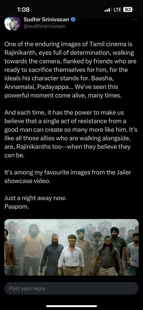 Beautiful Words By Sudhir Srinivasan About Rajini R Kollywood