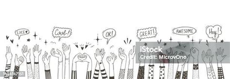 스케치 손을 지원하고 박수를 보냅니다 팔을 흔들고 손뼉을 치는 여자 남자 인간적이고 행복한 신호를 돕거나 지원합니다 엄지 손가락 팬 군중 네오 테릭 벡터 개념 박수갈채에