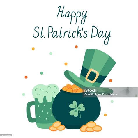 황금 냄비 레프리콘 모자 맥주 머그잔 인사말 카드 포스터 및 휴일 장식을 위한 해피 세인트 패트릭의 날 축제 글자가 있는 손으로 그린 일러스트레이션 St Patricks