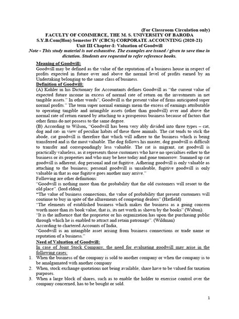 Unit 3 Chap 1 Valuation Of Goodwill Pdf Goodwill Accounting Valuation Finance