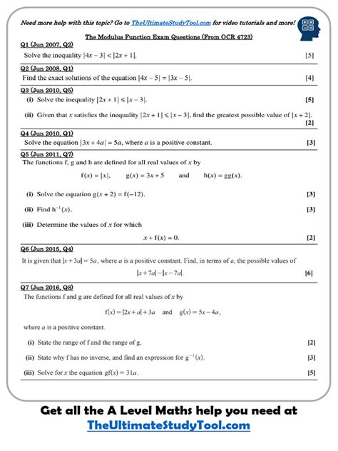 Y2 Pure The Modulus Function Exam Questions Pdf