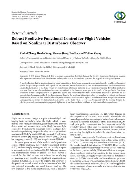 Pdf Robust Predictive Functional Control For Flight Vehicles Based On Nonlinear Disturbance