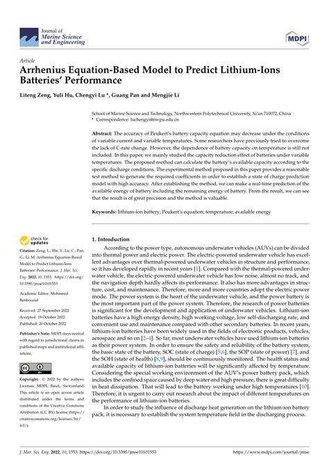 Pdf Arrhenius Equation Based Model To Predict Lithium Ions Batteries Performance