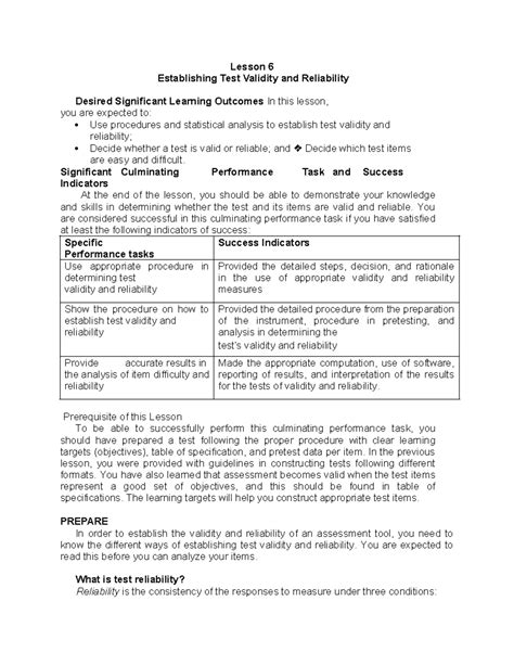 Lesson 6 Establishing Test Validity And Reliablity Lesson 6