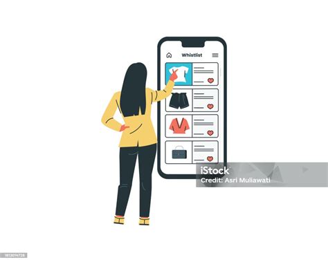 온라인 상점에서 옷을 고르는 여자 휴대 전화 화면에서 옷을 선택하는 여성 구매자 벡터 일러스트 레이 션 Brand Name Smart Phone에 대한 스톡 벡터 아트 및