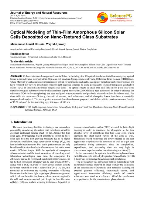 Pdf Optical Modeling Of Thin Film Amorphous Silicon Solar Cells Deposited On Nano Textured